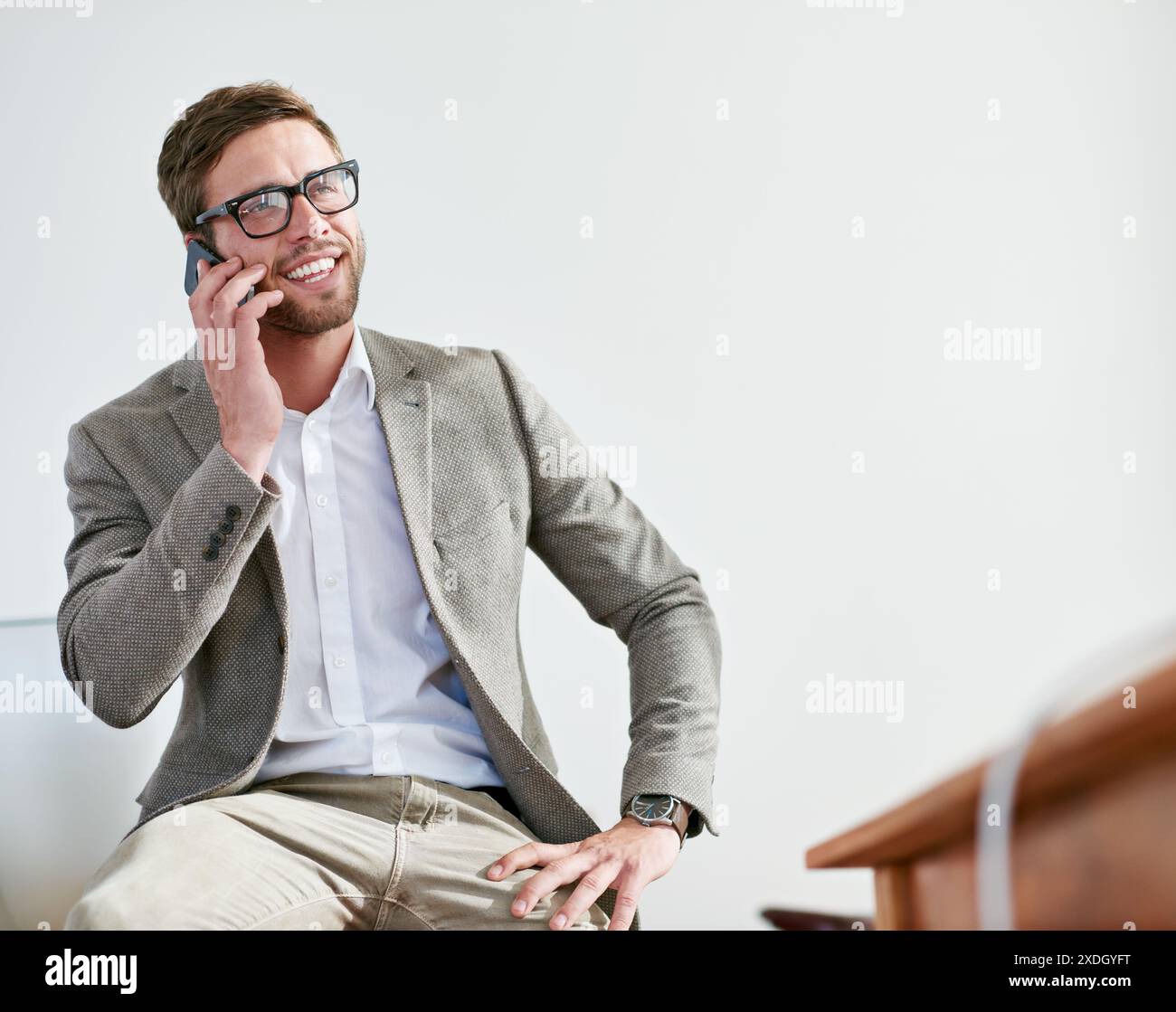 Happy, business and man with phone call in office for communication ...