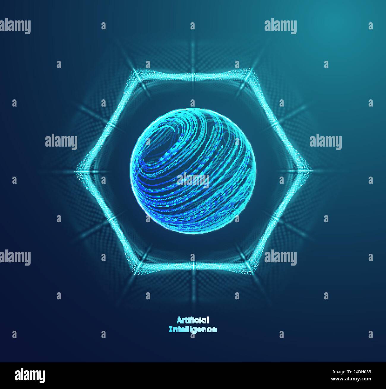 A digital illustration featuring a glowing blue sphere surrounded by a hexagonal wireframe ...