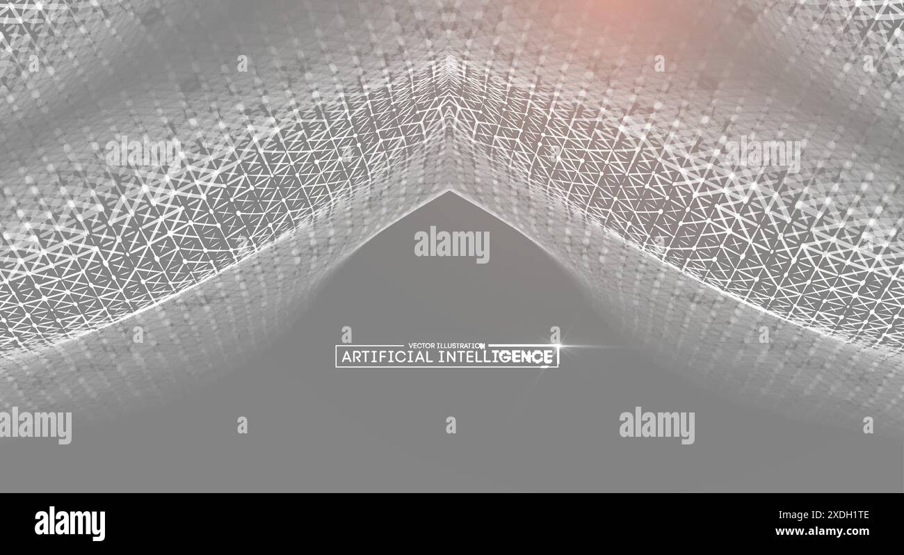 Futuristic visualization of an AI neural network depicted through a geometric mesh pattern in a ...