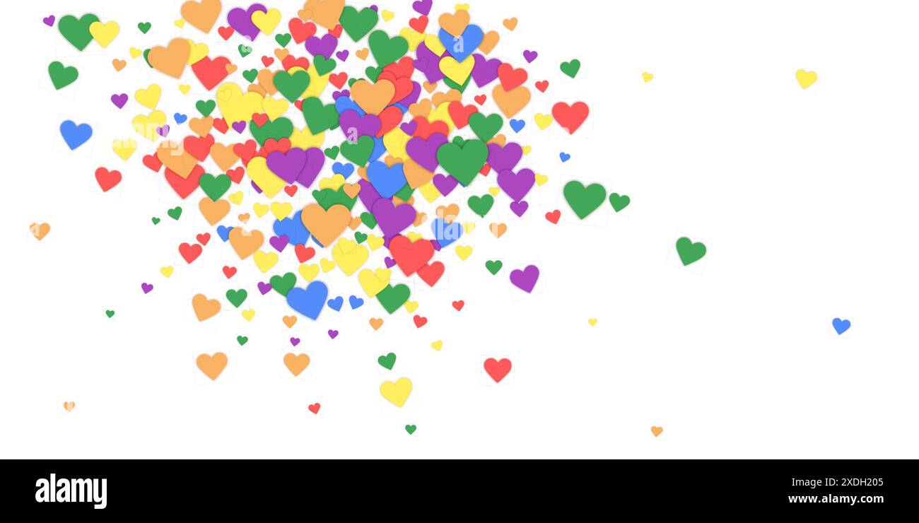 Valentine hearts, flying, falling down, floating. Rainbow colored scattered hearts. LGBT ...