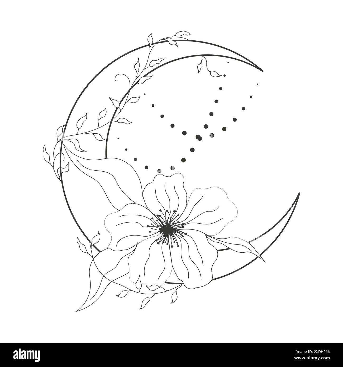 Elegant thin line moon flower contour tattoo, floral spiritual mystic ...