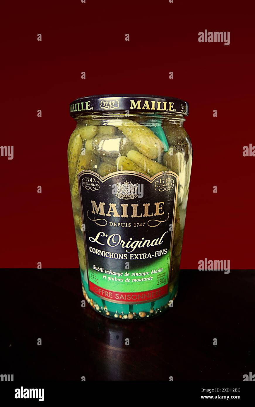 Jar of pickled cucumbers by famous French brand Maille, delicious small ...