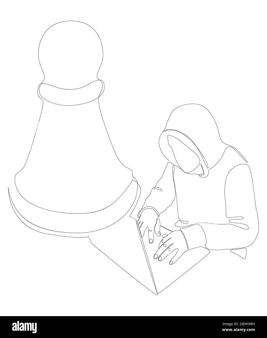 One continuous line of Hacker with laptop and chess pawn. Thin Line ...