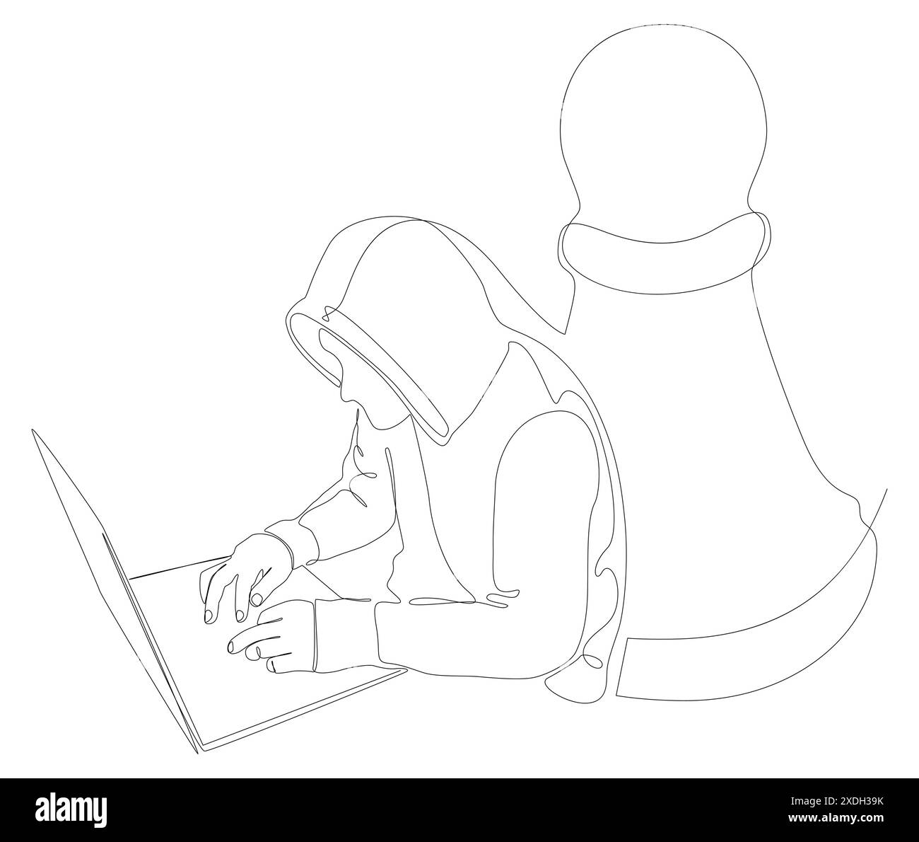 One continuous line of Hacker with laptop and chess pawn. Thin Line ...