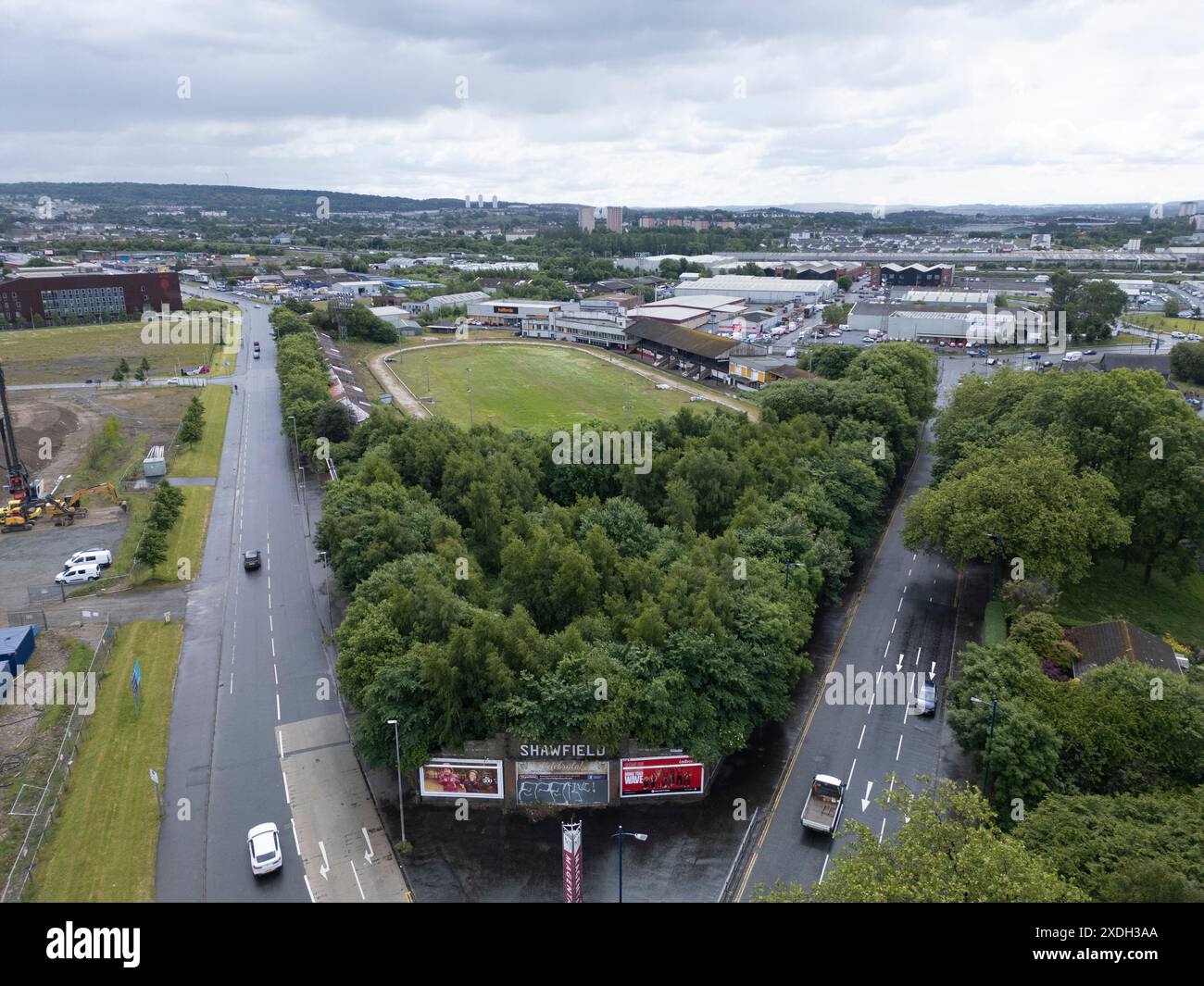 Aerial view of abandoned closed down former greyhound racing rack and ...
