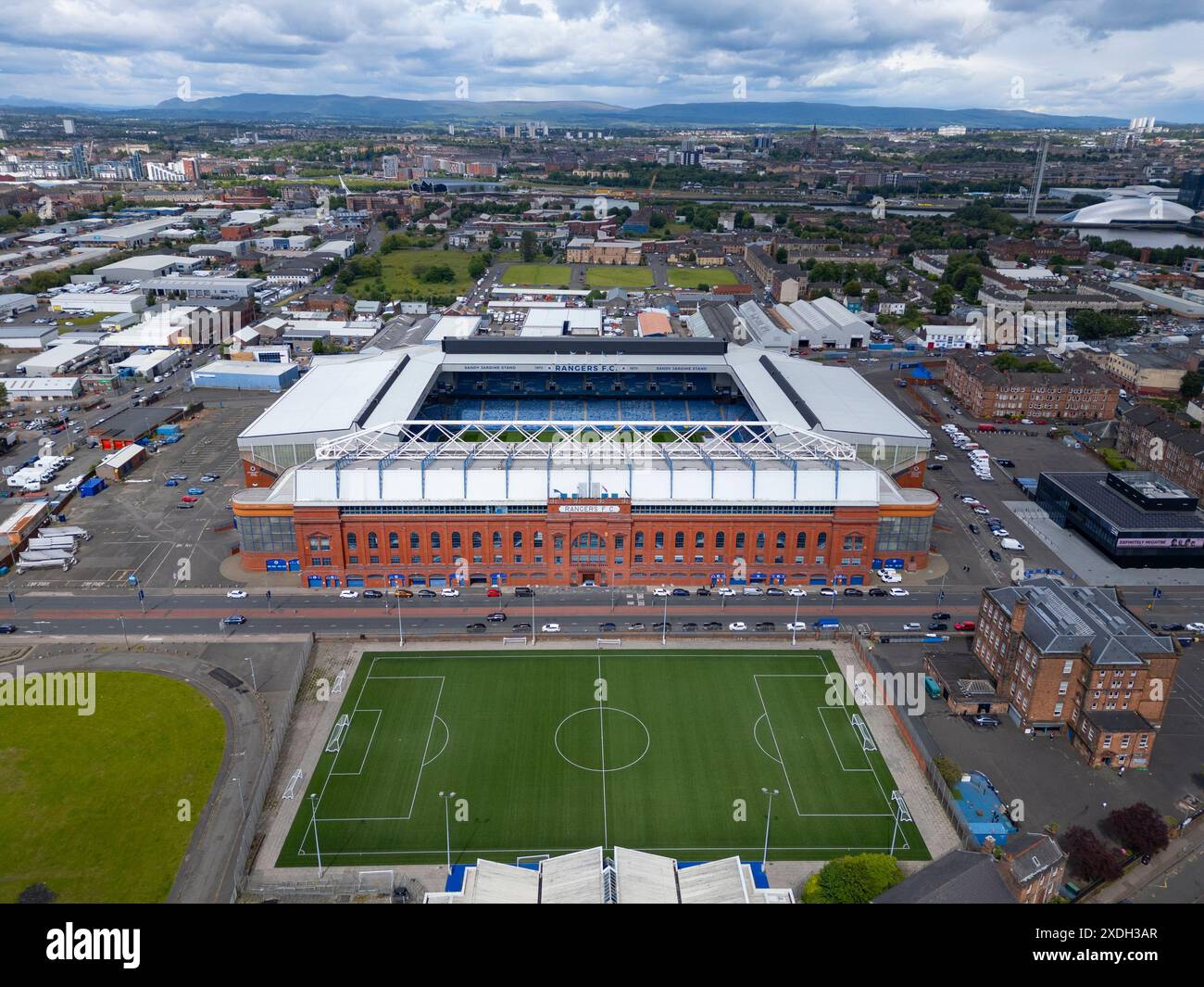 Aerial view of Ibrox Park football stadium home of Rangers FC at Ibrox Glasgow, Scotland, UK ...