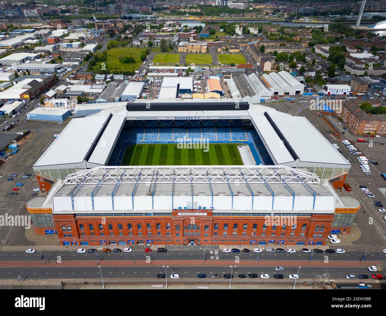 Aerial view of Ibrox Park football stadium home of Rangers FC at Ibrox Glasgow, Scotland, UK ...