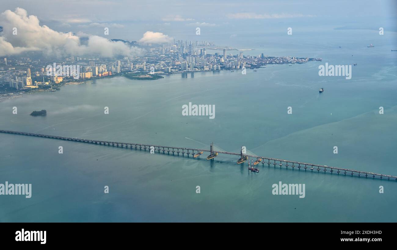 Aerial view of Penang Bridge and Georgetown, the capital of Penang, an ...