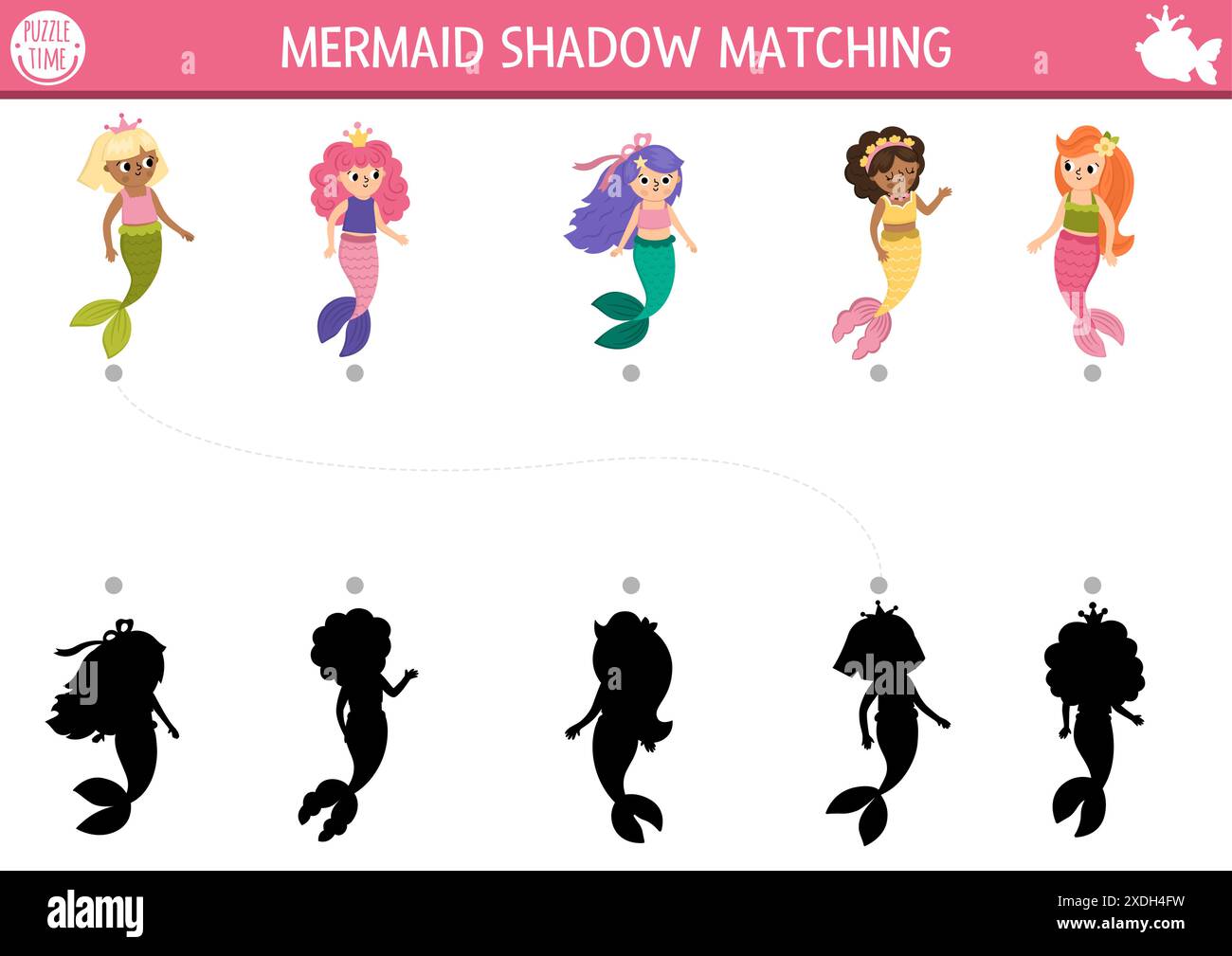 Mermaid shadow matching activity with sea princesses. Fairytale ocean ...