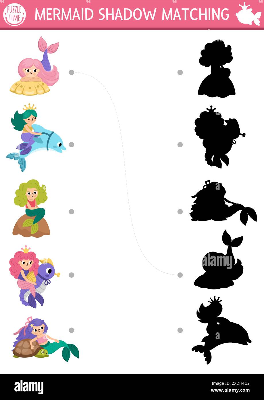 Mermaid shadow matching activity with sea princesses. Fairytale ocean ...