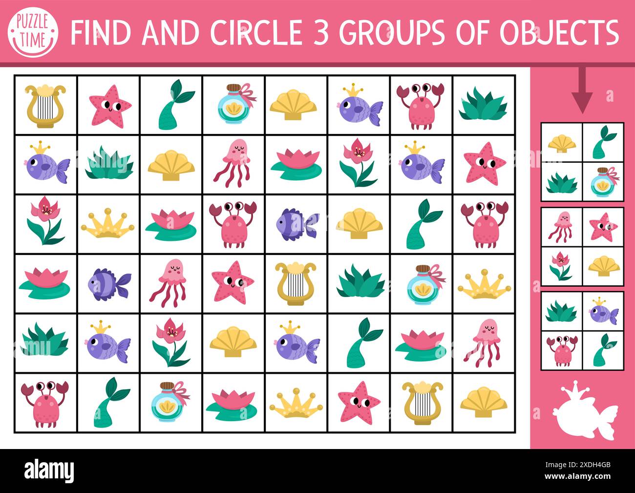 Mermaid seek and find game. Attention skills training puzzle with ...