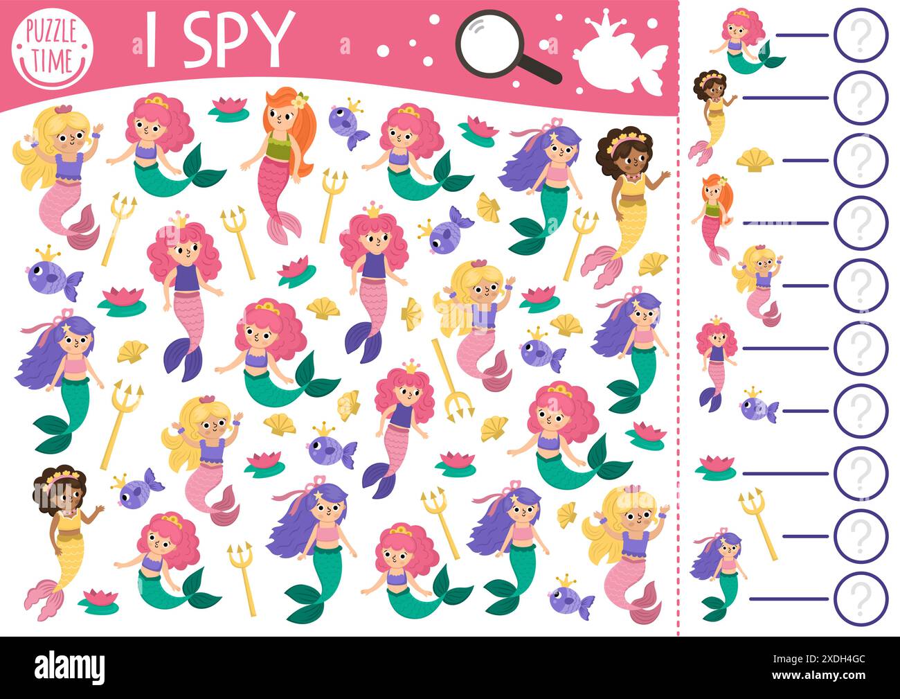 Mermaid I spy game for kids. Searching, counting activity with trident ...
