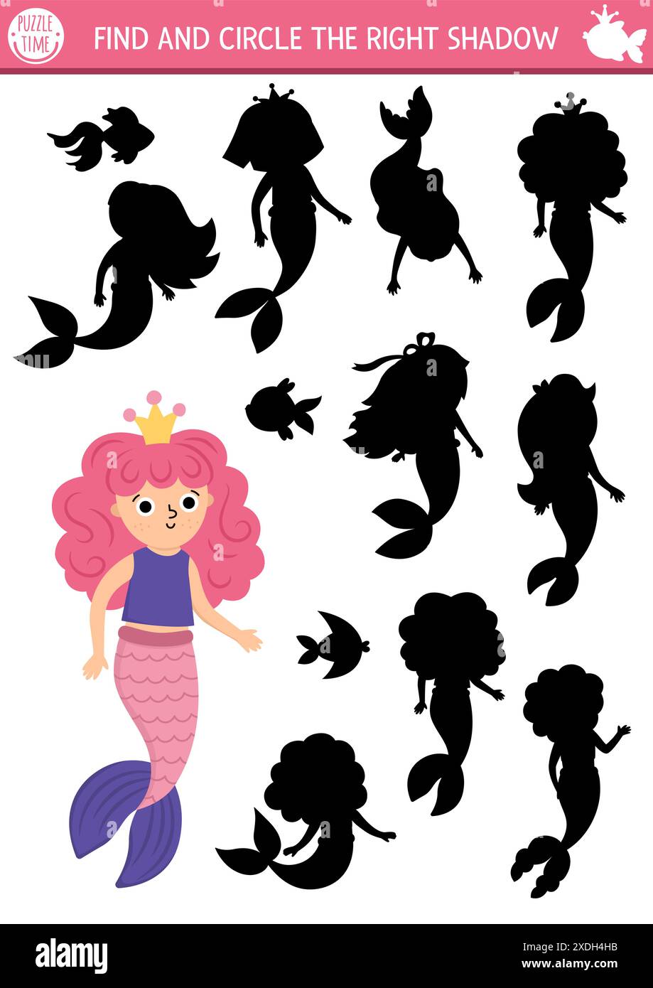 Mermaid shadow matching activity with sea princess. Fairytale ocean ...