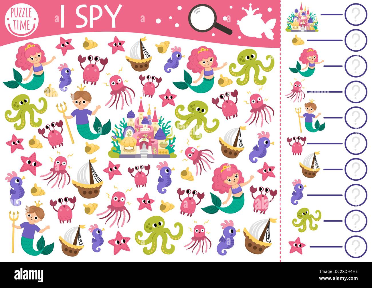 Mermaid I spy game for kids. Searching, counting activity with merman ...