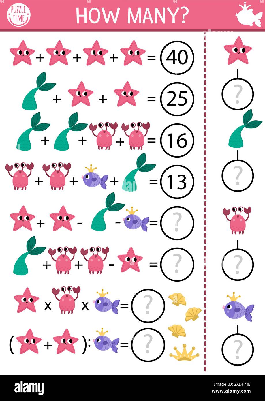 Marine how many starfish game, equation or rebus. Mermaid math activity ...