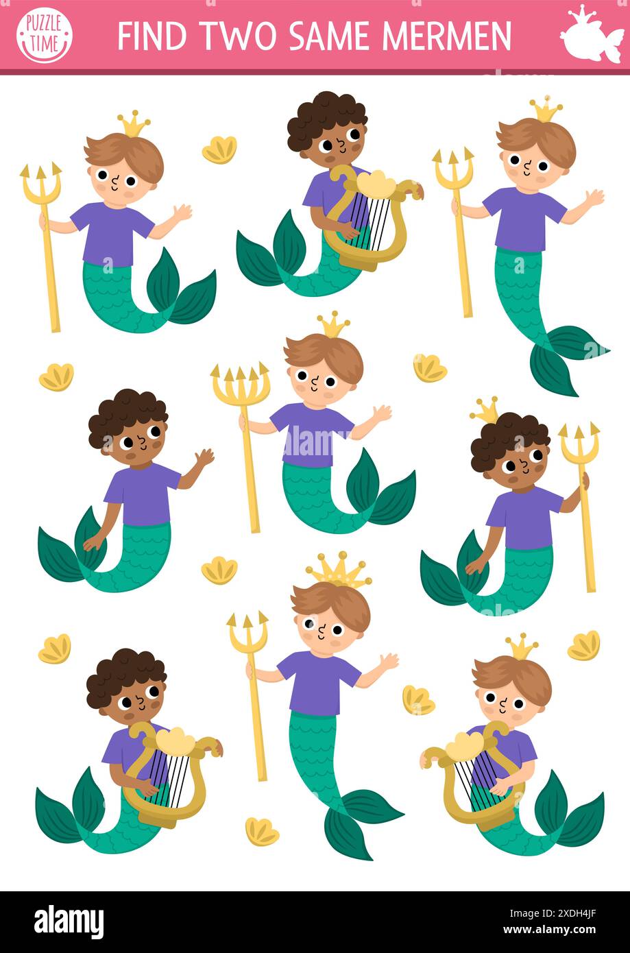 Find two same mermen. Fairytale ocean kingdom matching activity for ...
