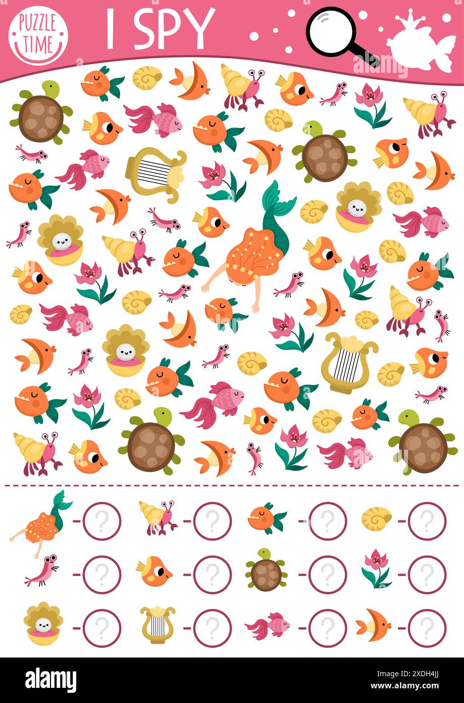 Mermaid I spy game for kids. Searching, counting activity with harp ...