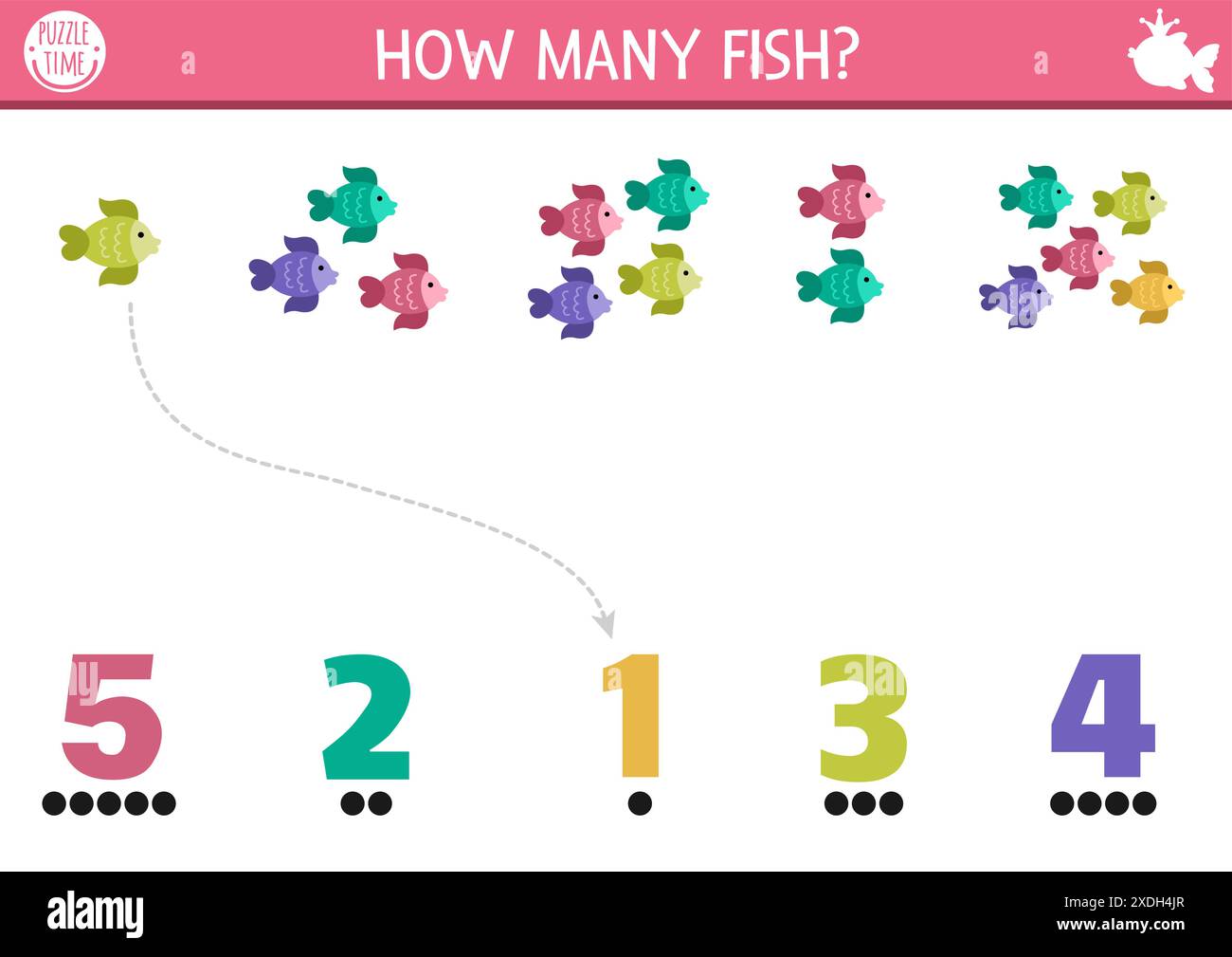 Simple match the numbers mermaid game with colored fish. Fairytale ...