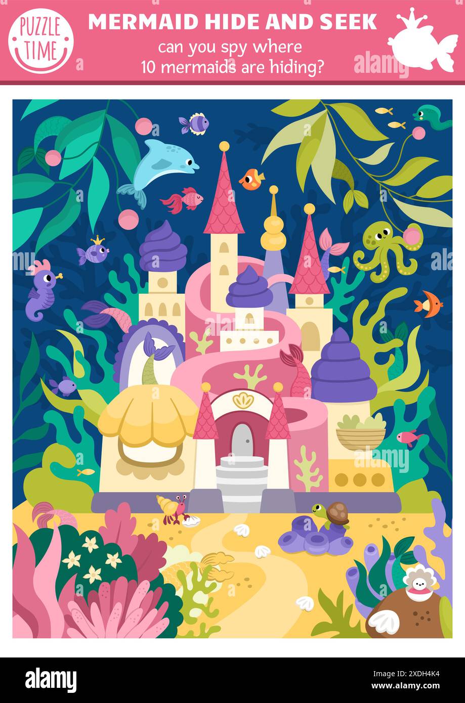 Vector mermaid searching game with fairytale ocean kingdom landscape ...