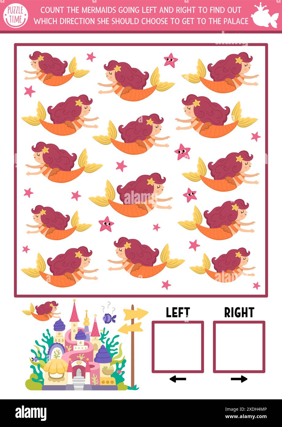 Mermaid logic game with right and left concept for kids. I spy ...