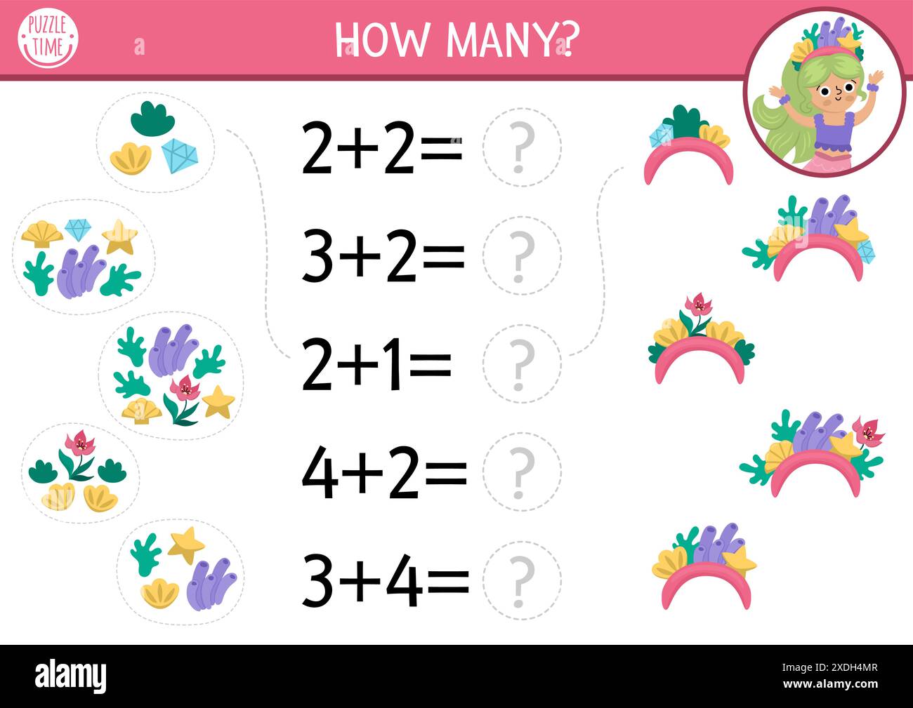Match the numbers mermaid game with headband made of seaweeds, shells ...