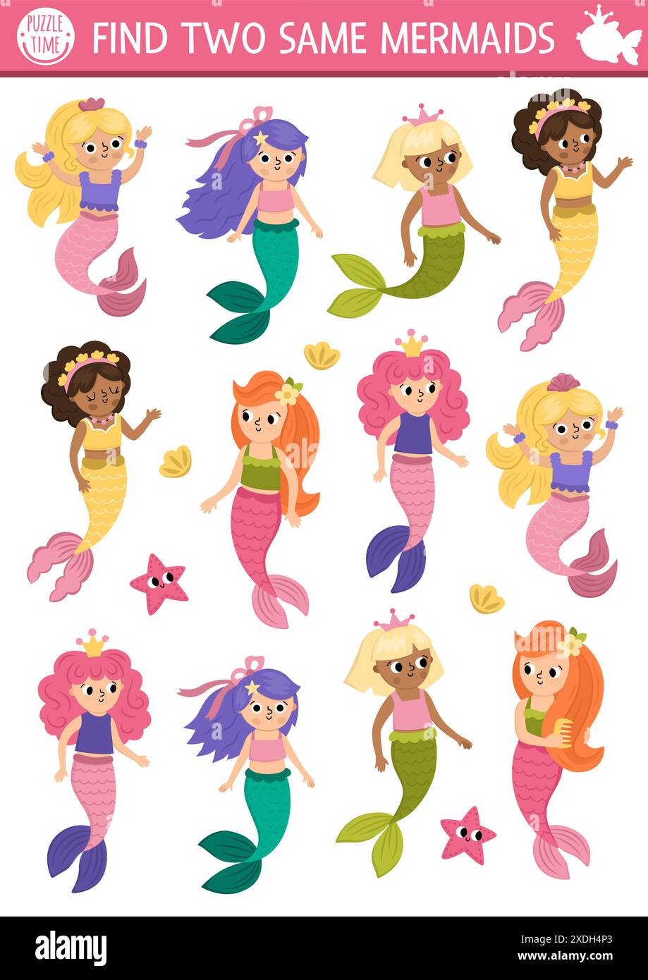 Find two same mermaids. Fairytale ocean kingdom matching activity for ...