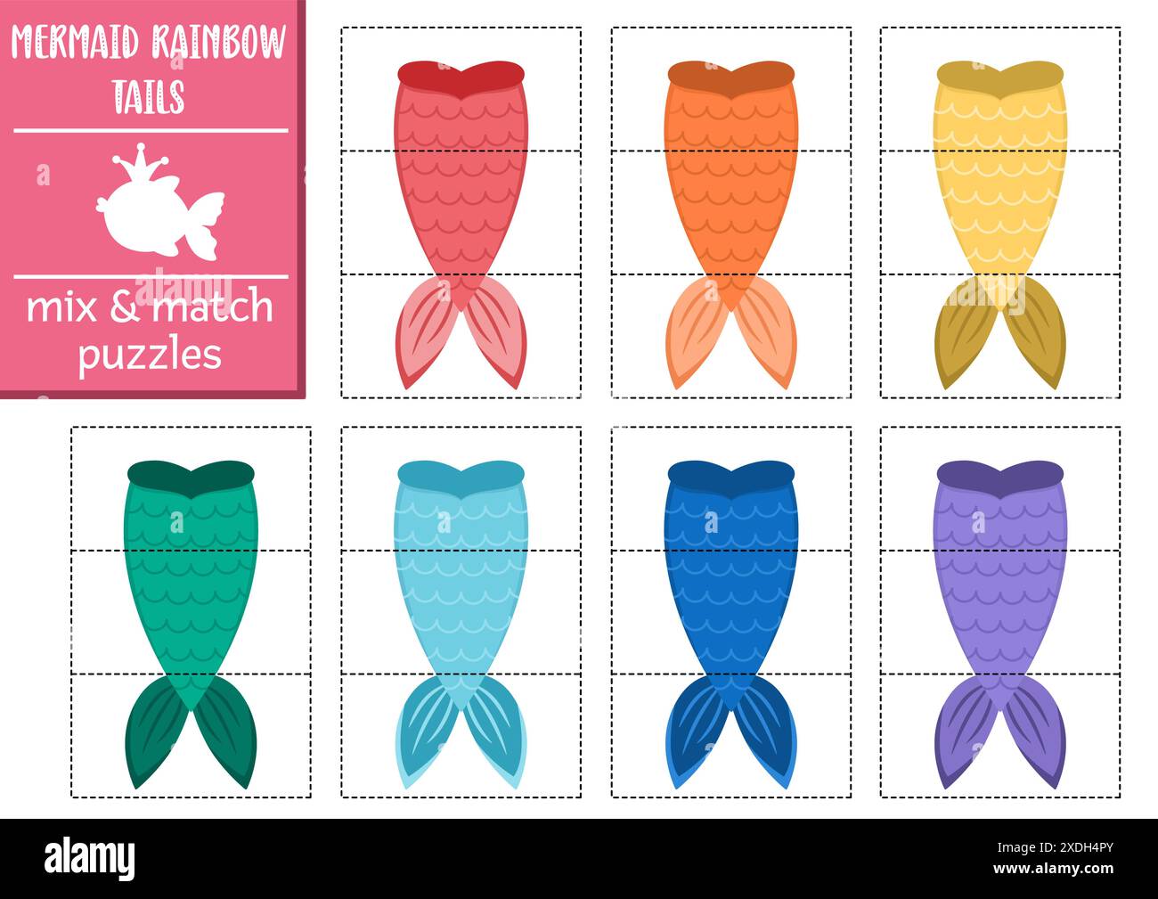 Vector mermaid rainbow mix and match puzzle with cute fish tails ...