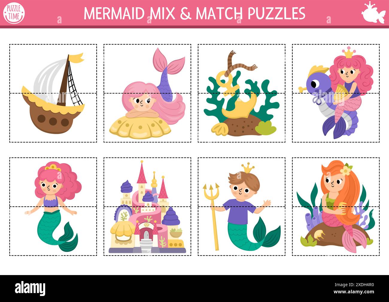 Vector mermaid mix and match puzzle with cute sea princess. Matching ...
