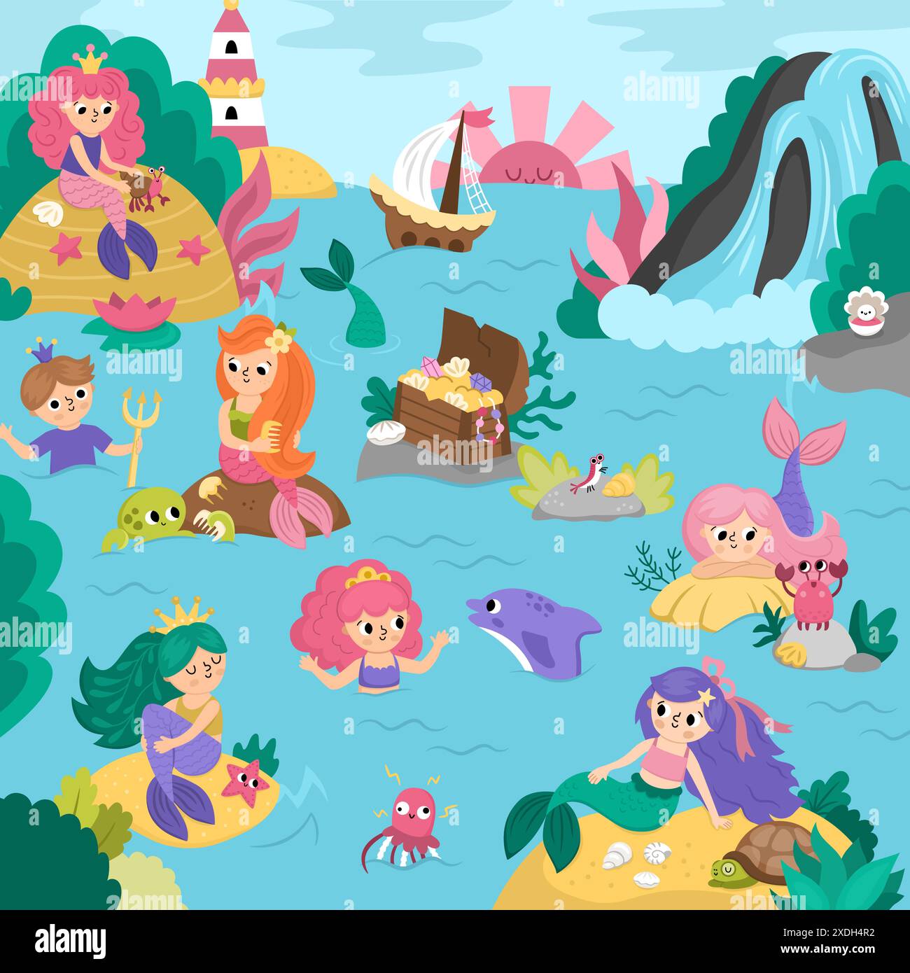 Vector mermaid landscape illustration. Marine prince and princesses ...