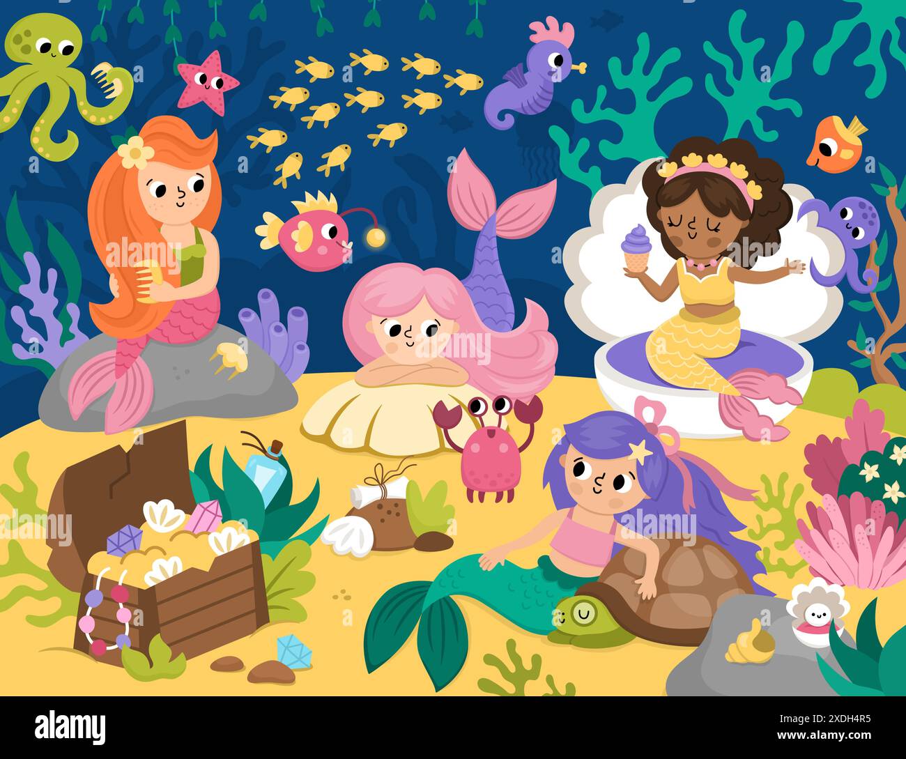 Vector landscape illustration with mermaid friends. Ocean or sea ...