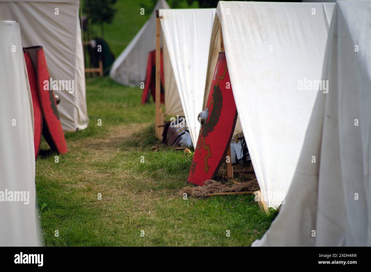 Tent camp of the ancient Roman wars, reconstruction of a historical ...