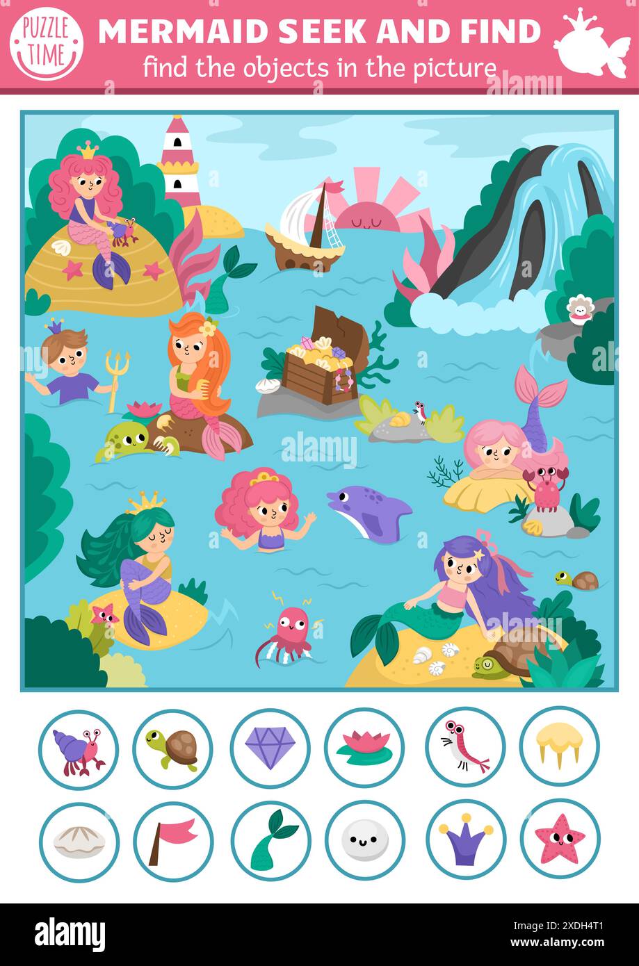 Mermaid vector searching game with sea lagoon landscape. Spot hidden ...