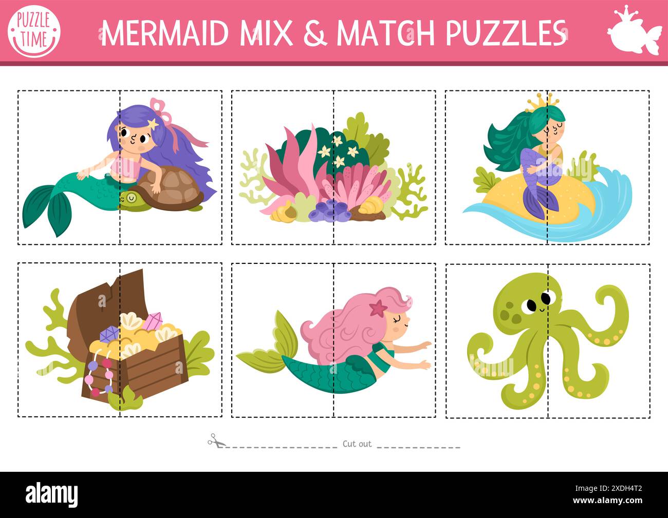Vector mermaid mix and match puzzle with cute sea princess. Matching ...
