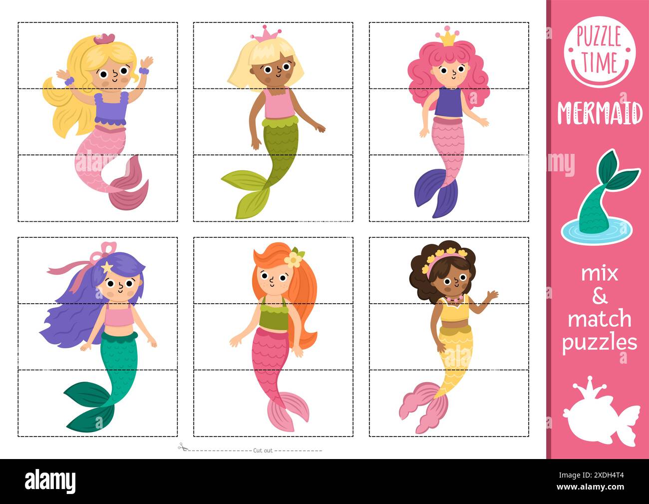 Vector mermaid mix and match puzzle with cute sea princess. Matching ...