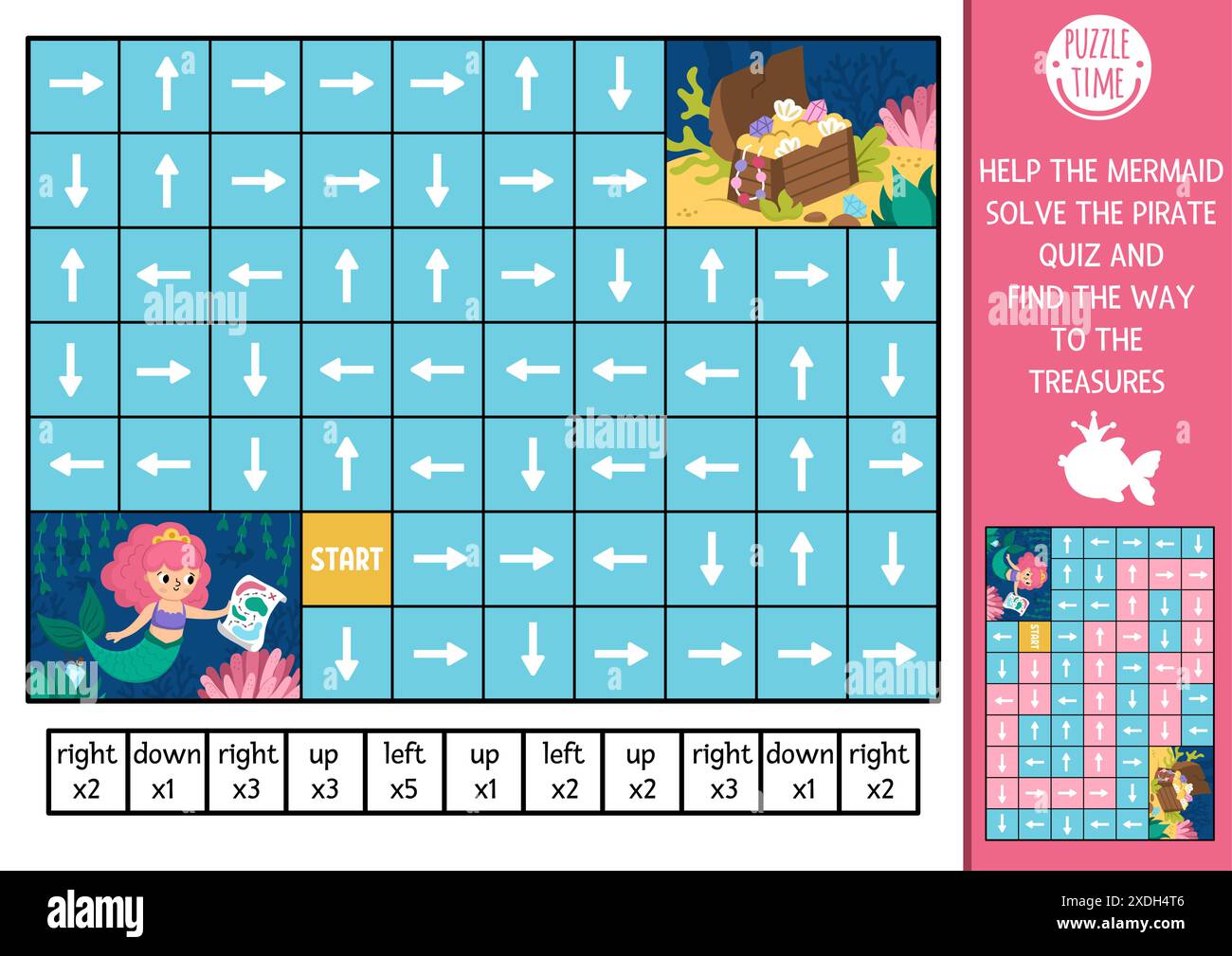 Mermaid logic maze for kids with pirate map and treasure chest ...