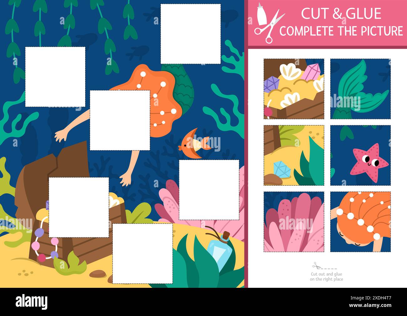 Vector mermaid cut and glue activity. Ocean kingdom crafting game with ...