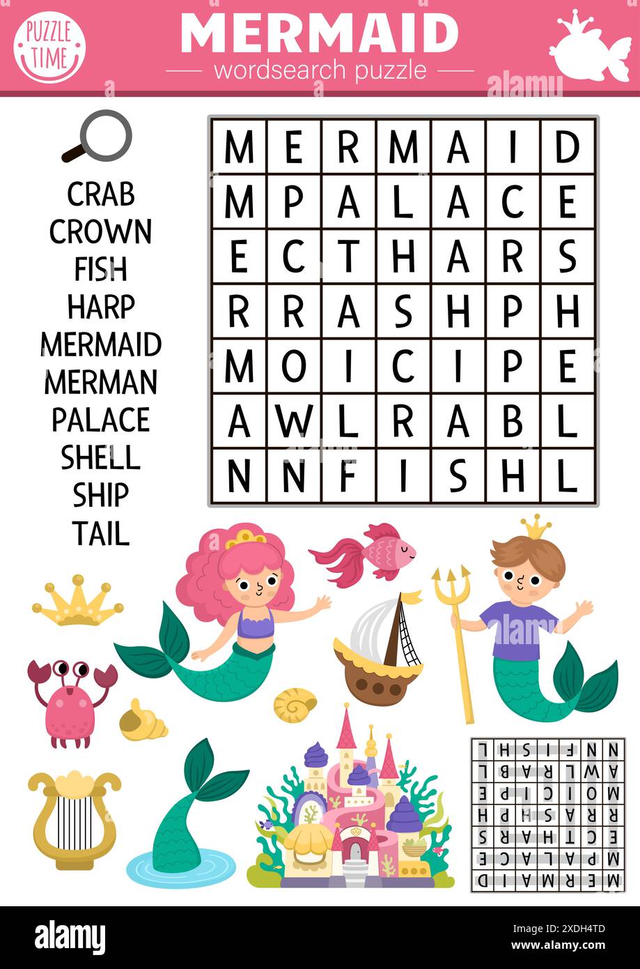 Vector mermaid wordsearch puzzle for kids. Marine word or underwater ...