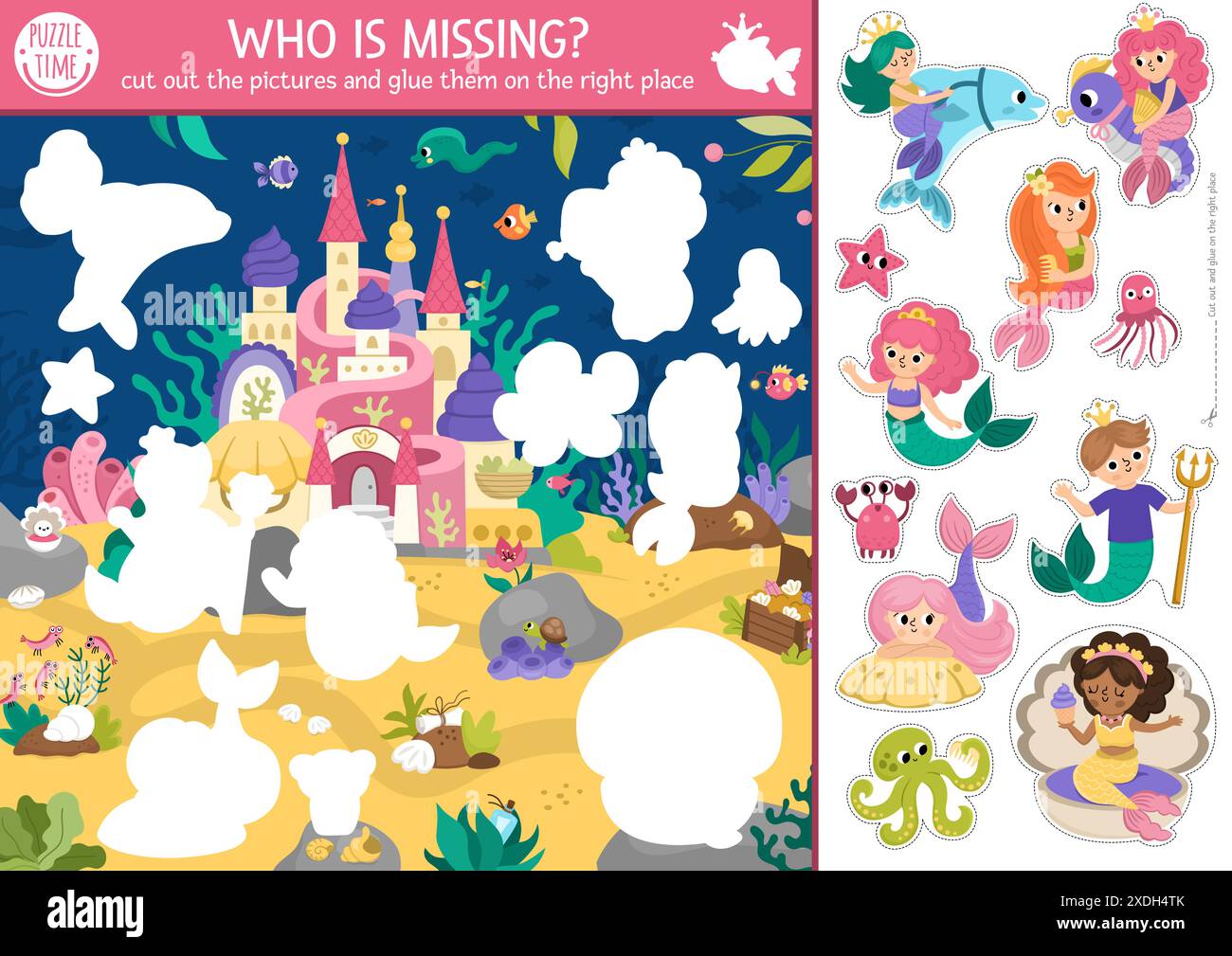 Vector mermaid cut and glue activity. Crafting game with cute ...