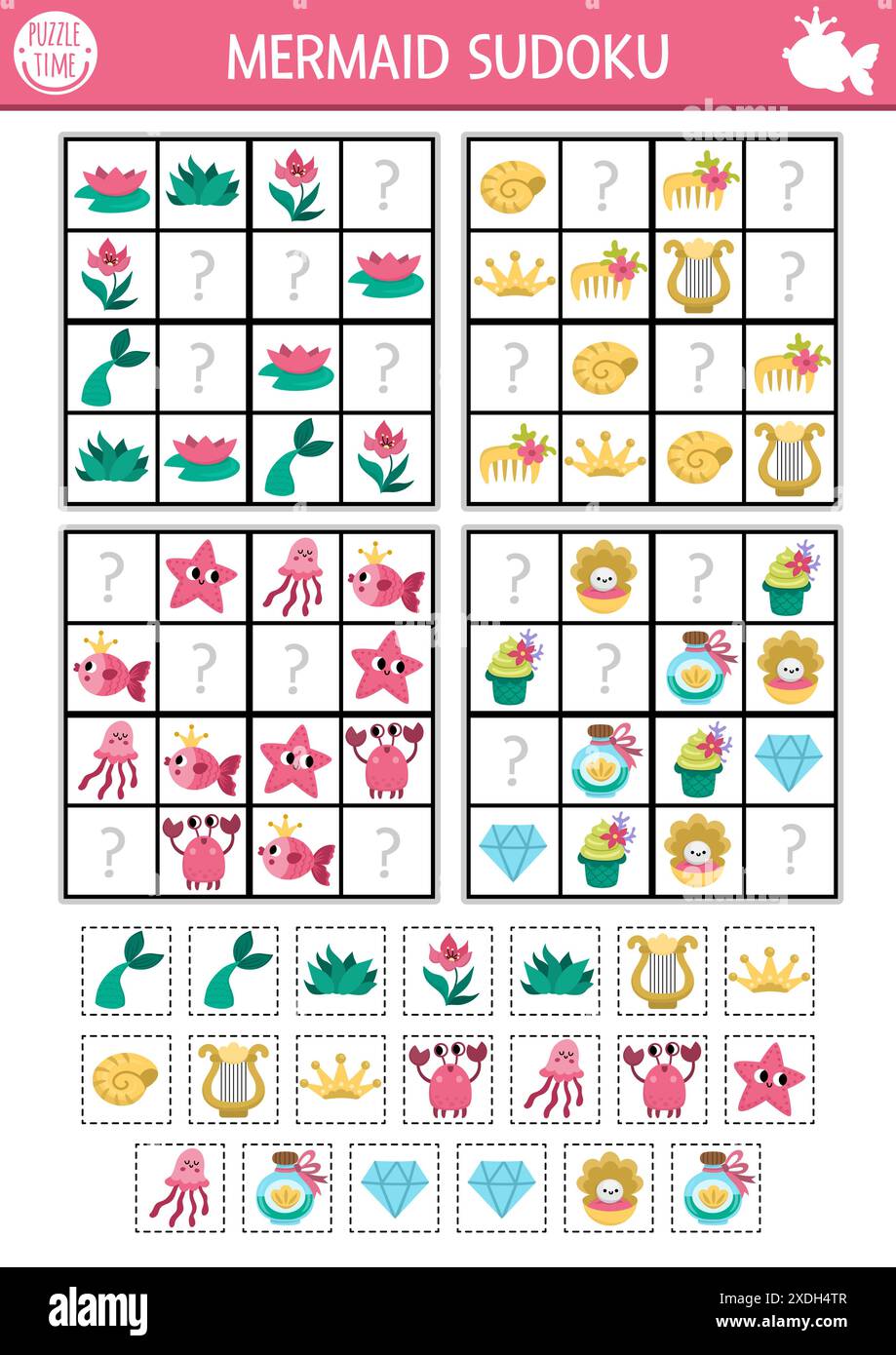 Vector mermaid sudoku puzzle for kids with pictures. Simple marine quiz ...
