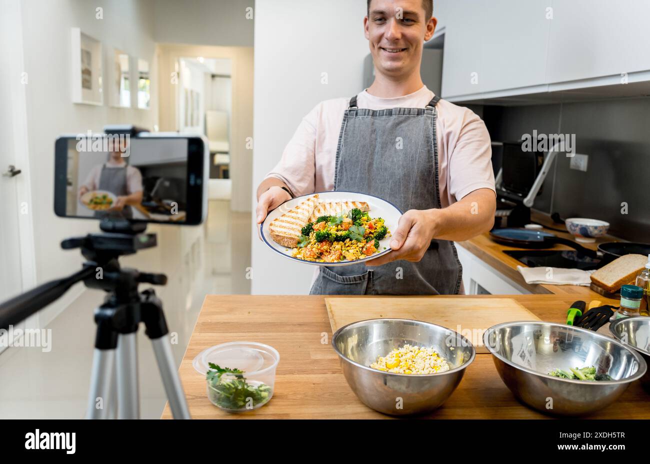 The chef is broadcasting live from workshop how to prepare a vegetarian ...