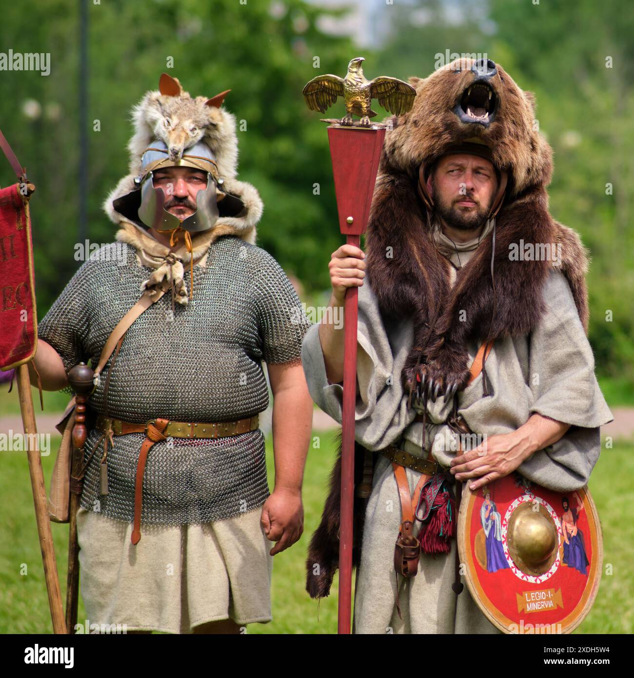 Roman Legion commanders stand in a row in ammunition and with shields ...