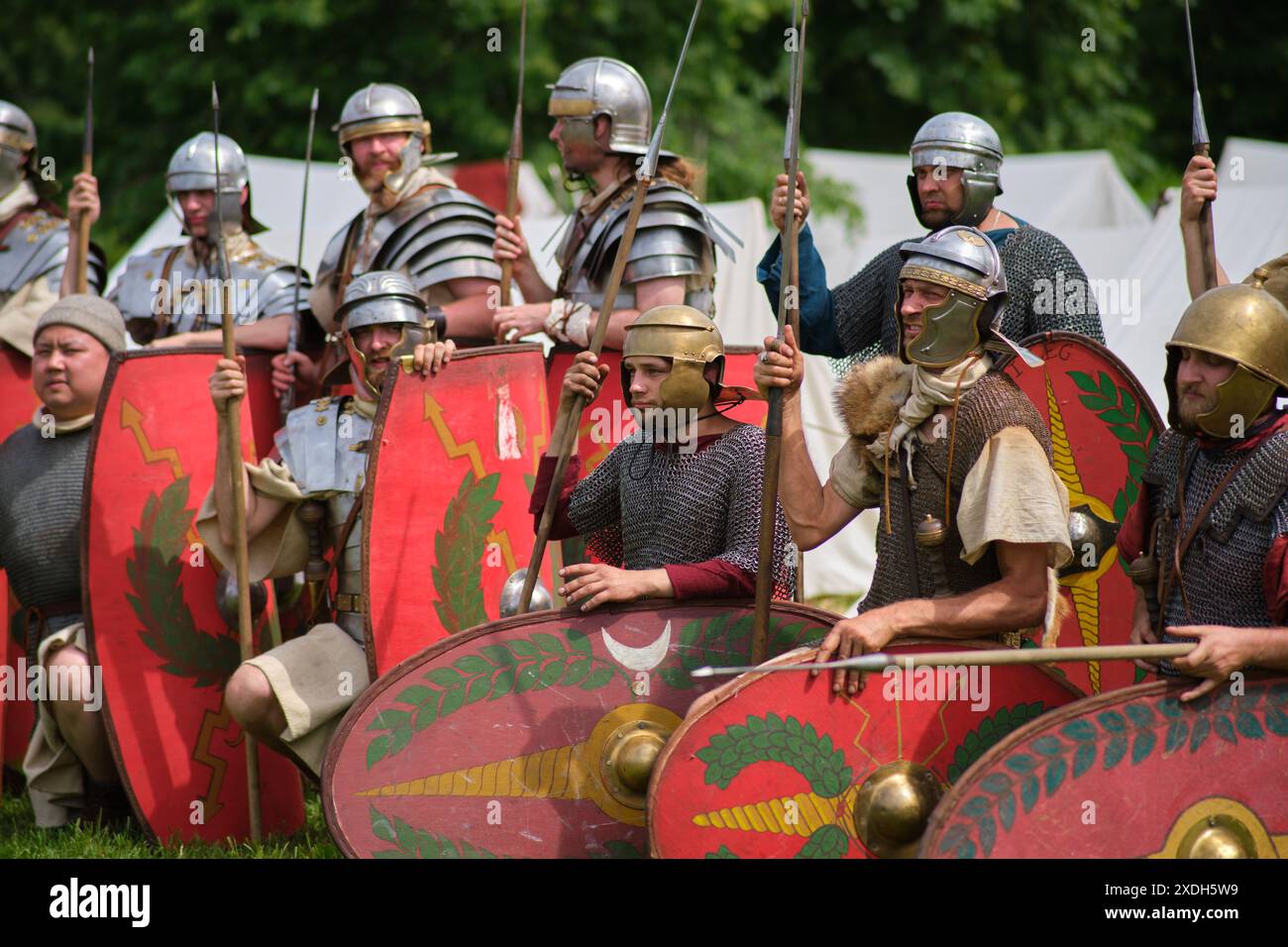 Soldiers of the first Roman Legion stand in a row in ammunition and ...