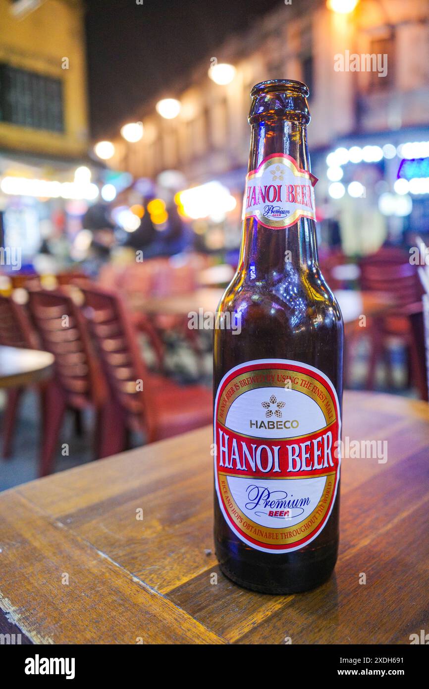 Hanoi, Vietnam - 28 Jan, 2024: A bottle of Hanoi Beer on a table in a ...