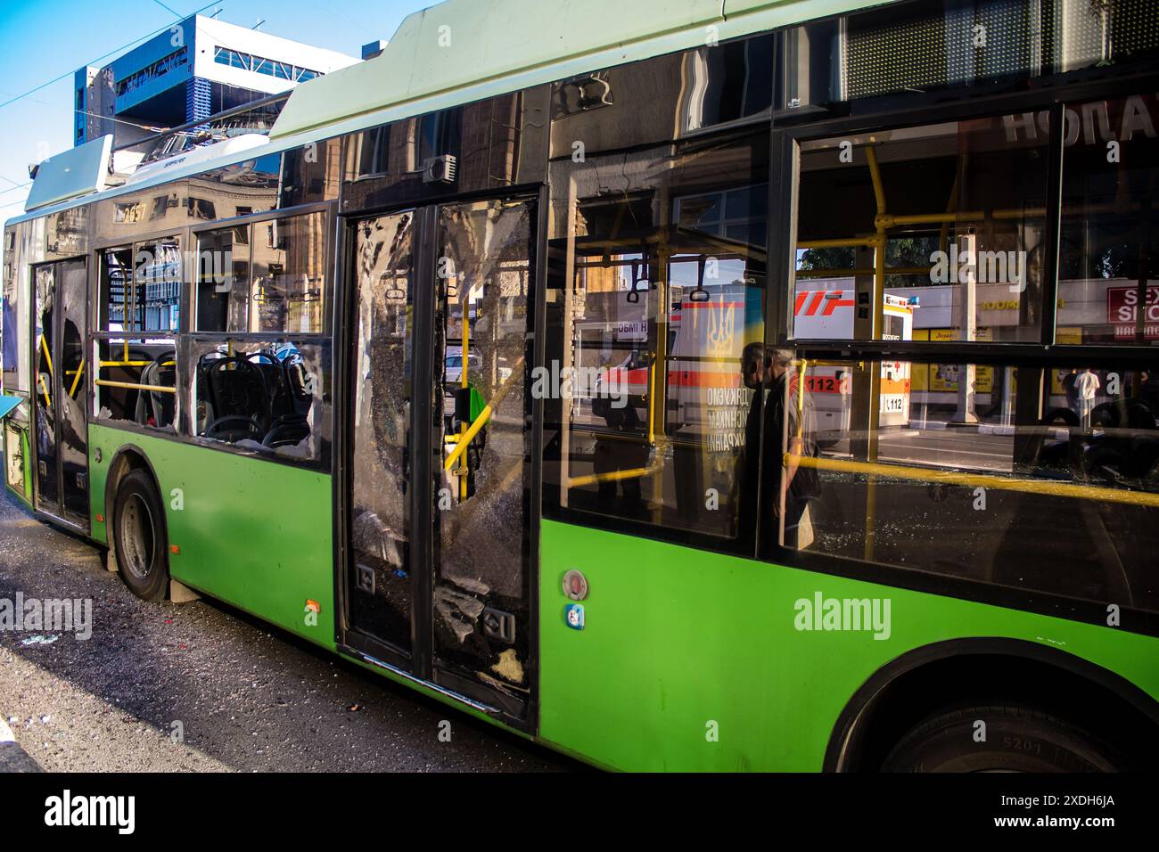 Kharkiv, Ukraine, June 22, 2024 A trolley bus dropping people off was ...