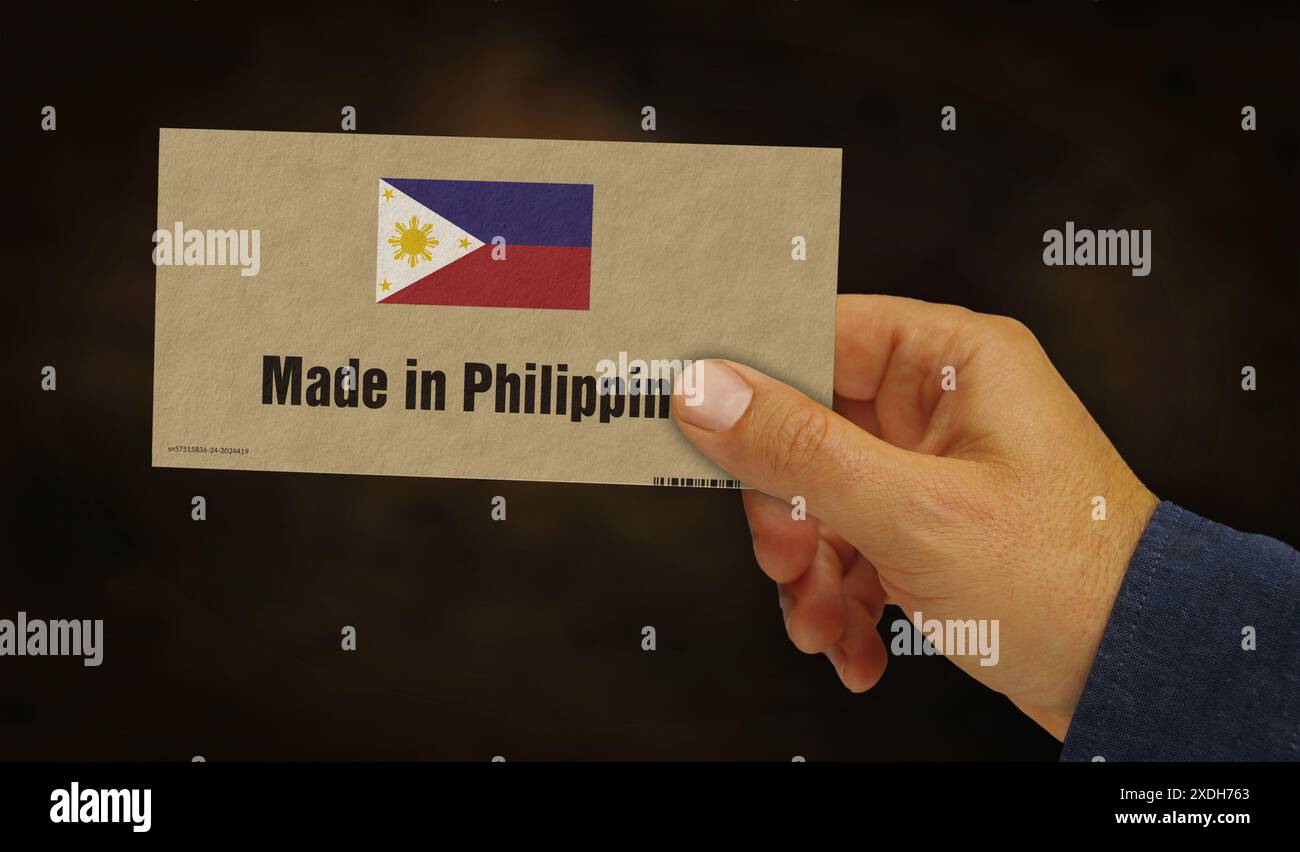 Made in Philippines Philippines box in hand. Filipino, flag ...