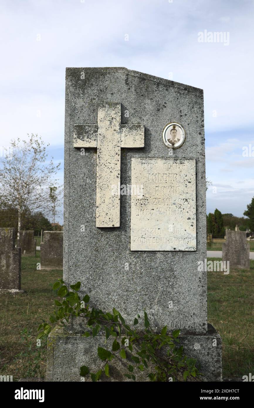 old headstone with cross and epigraph in a old cemetery in Sombor ...