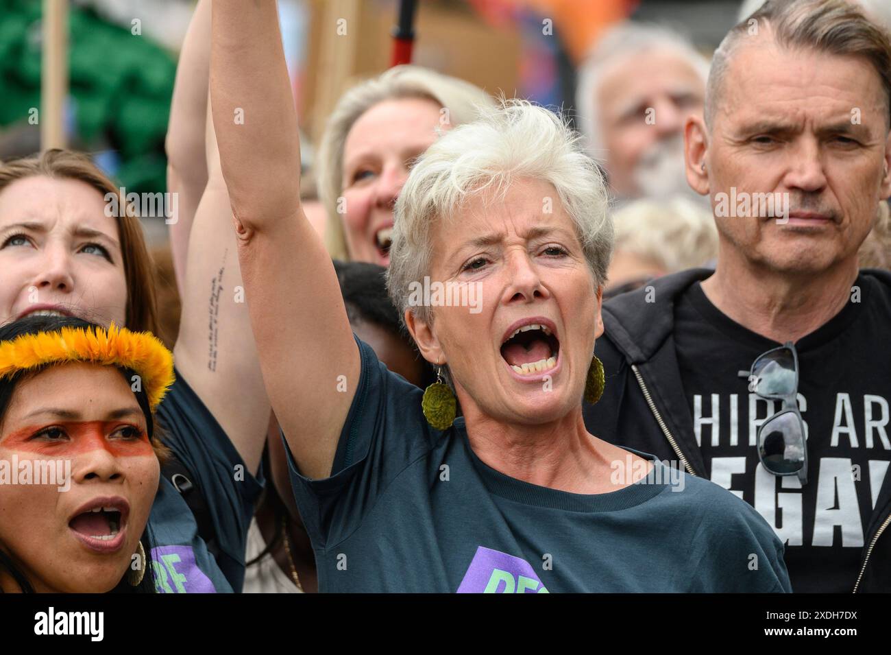 Dame Emma Thompson with Nemonte Nenquimo and Dale Vince at the start of ...