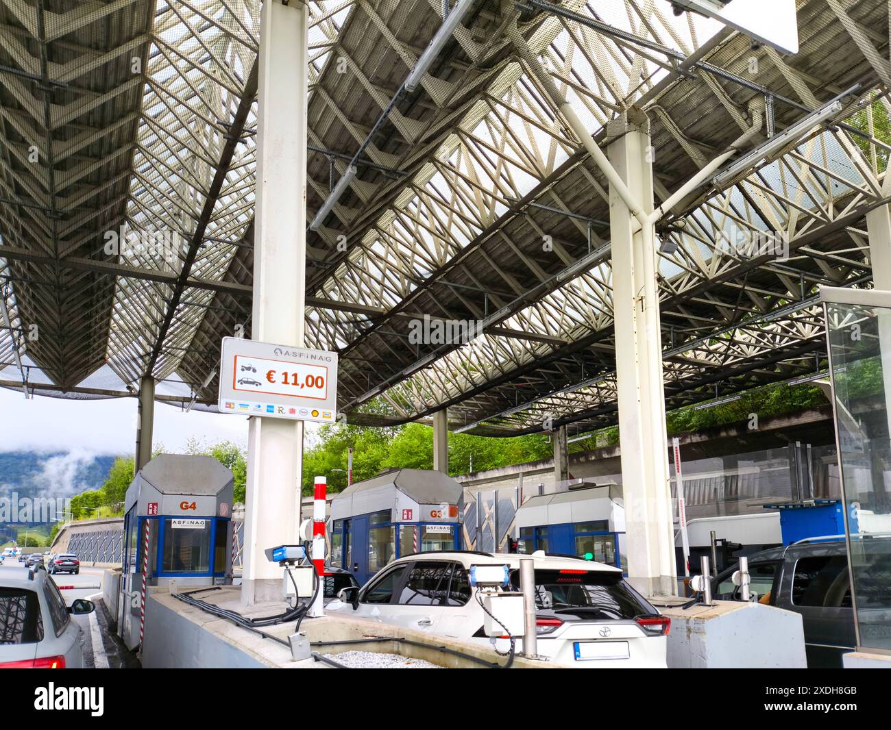 Brenner Pass, Austria - June 23, 2024: Traffic jam at the toll station ...