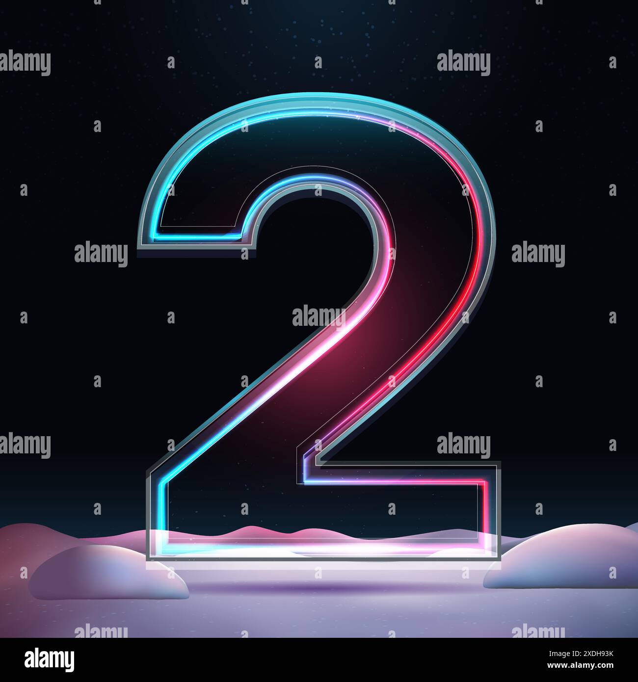 3D number 2 with neon light insight. Glass symbol with sparkles and ...