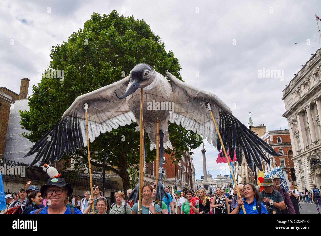 London, UK. 22nd June 2024. Members of RSPB pass through Whitehall ...